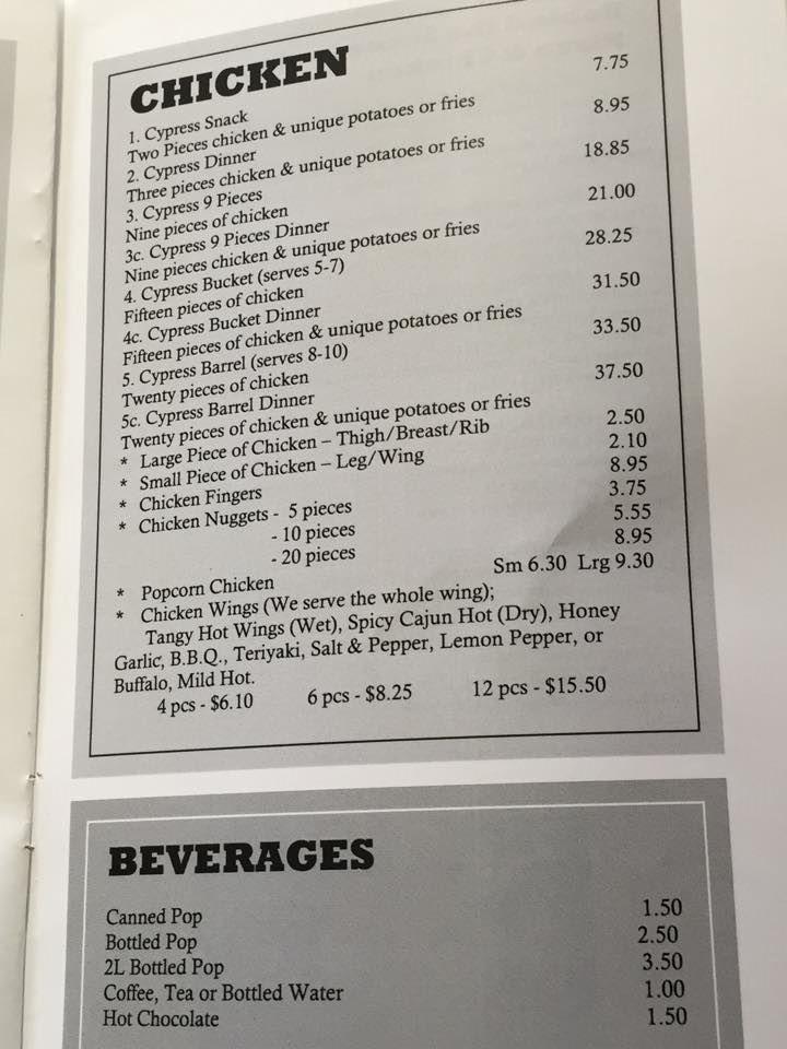 Menu at Cypress Pizza and Chicken restaurant, Maple Creek