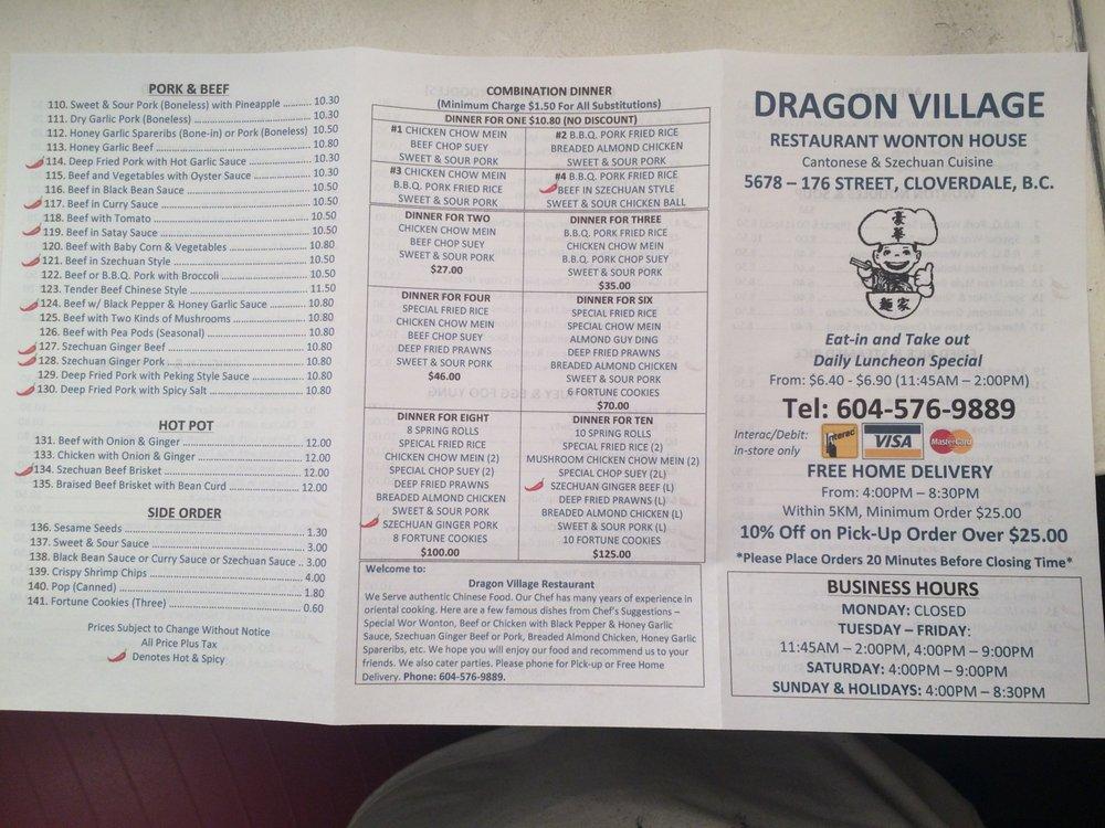 Menu at Dragon Village Restaurant & Won Ton House, Surrey