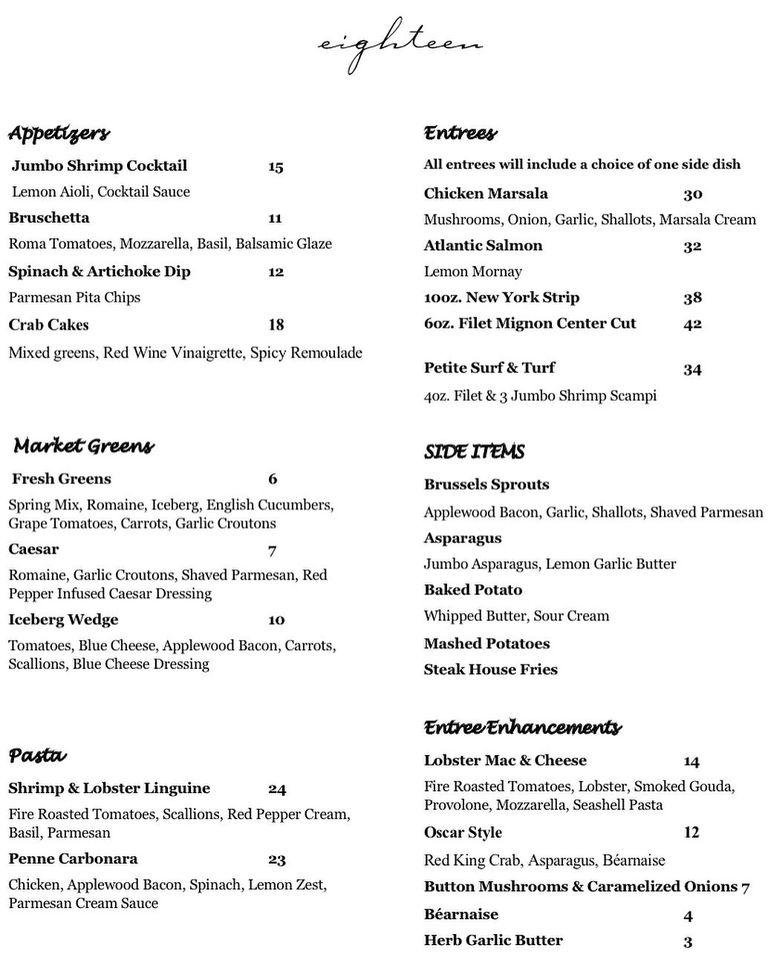 Menu at Eighteen at the Radisson pub & bar, Covington