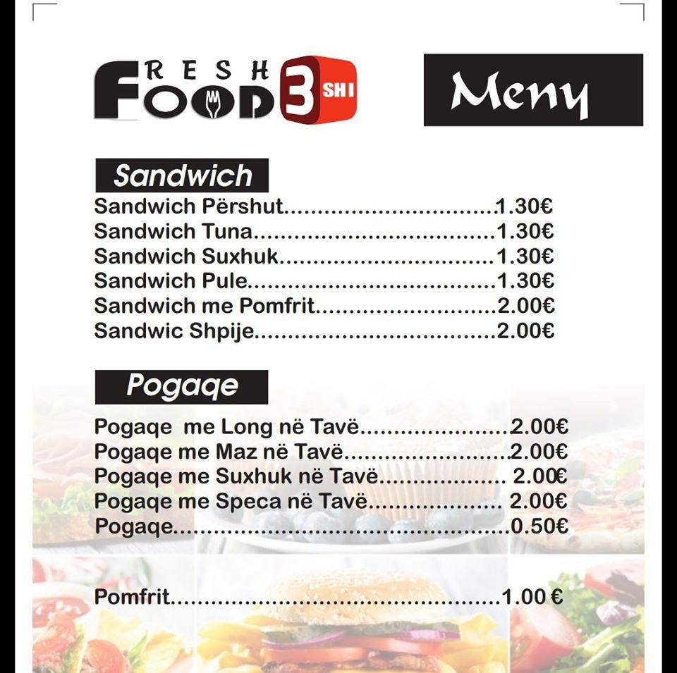 Menu at Fresh Food 3-shi restaurant, Prishtina