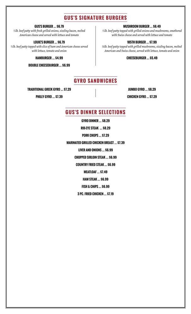 Menu at Gus's Diner One Eight Five restaurant, Cleveland