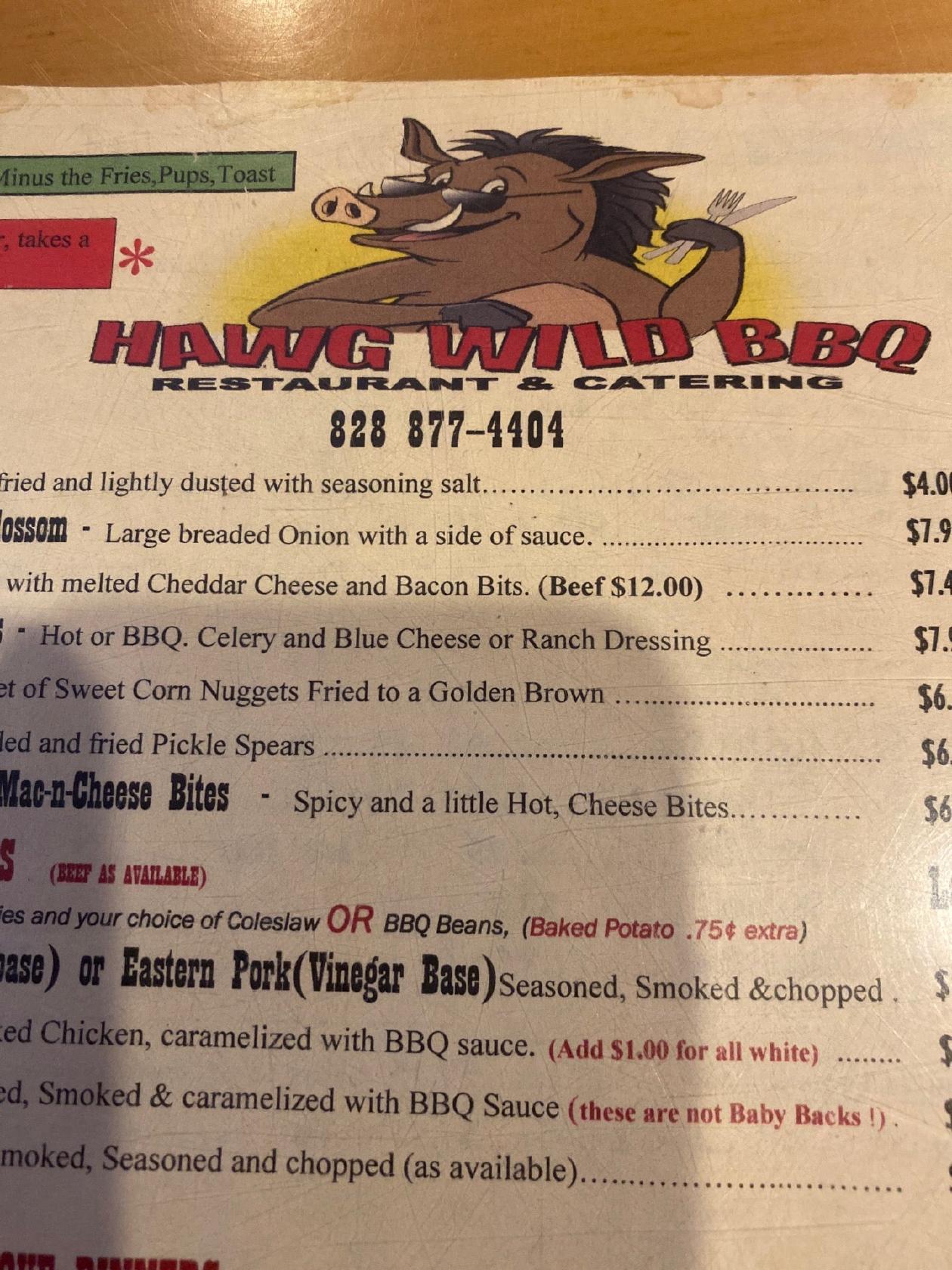 Menu at Hawg Wild Smokehouse & Taproom BBQ, Pisgah Forest