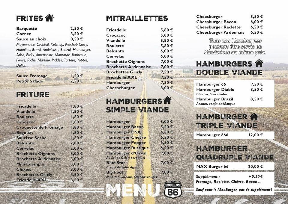 Menu at Route 66 Burger, Bouillon