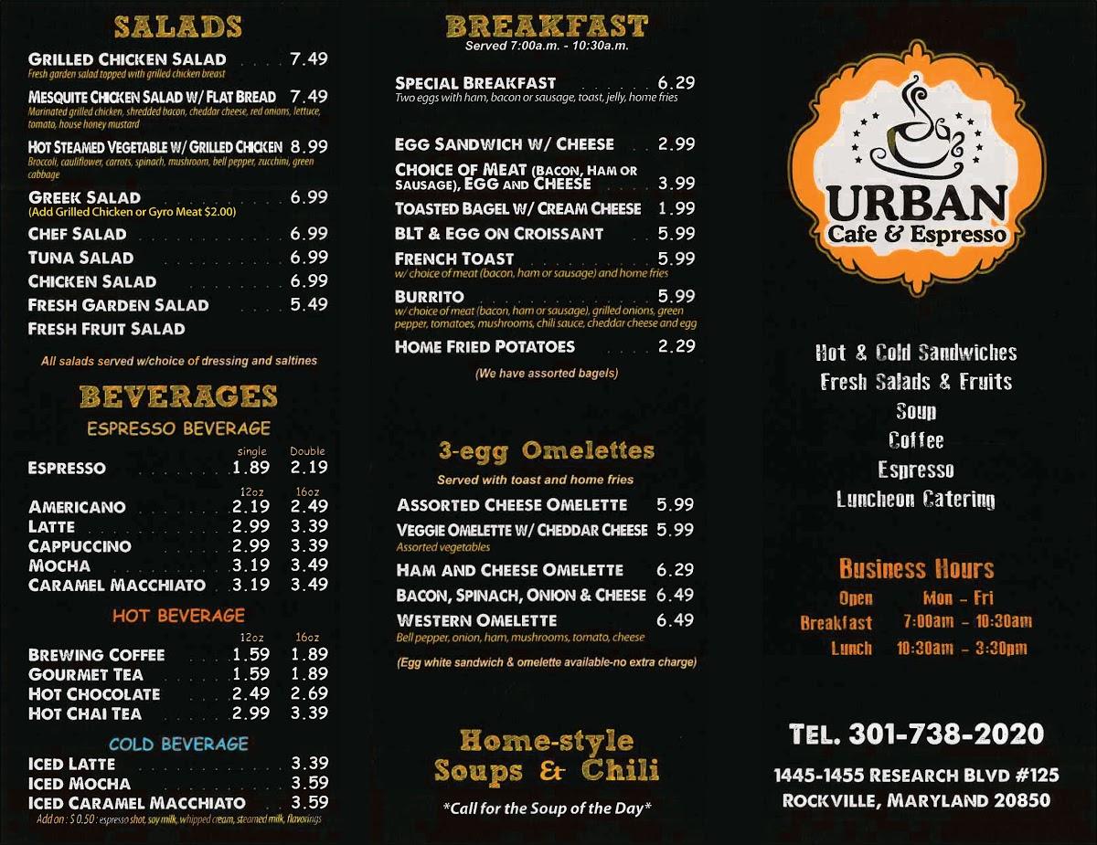 Carta de Urban Cafe & Espresso, Rockville