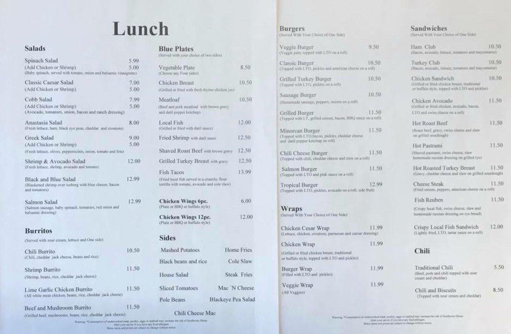 Menu at Anastasia Diner restaurant, St. Augustine
