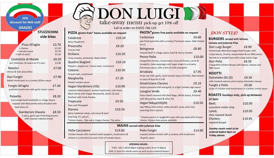 Menu at Don Luigi restaurant, Warrington