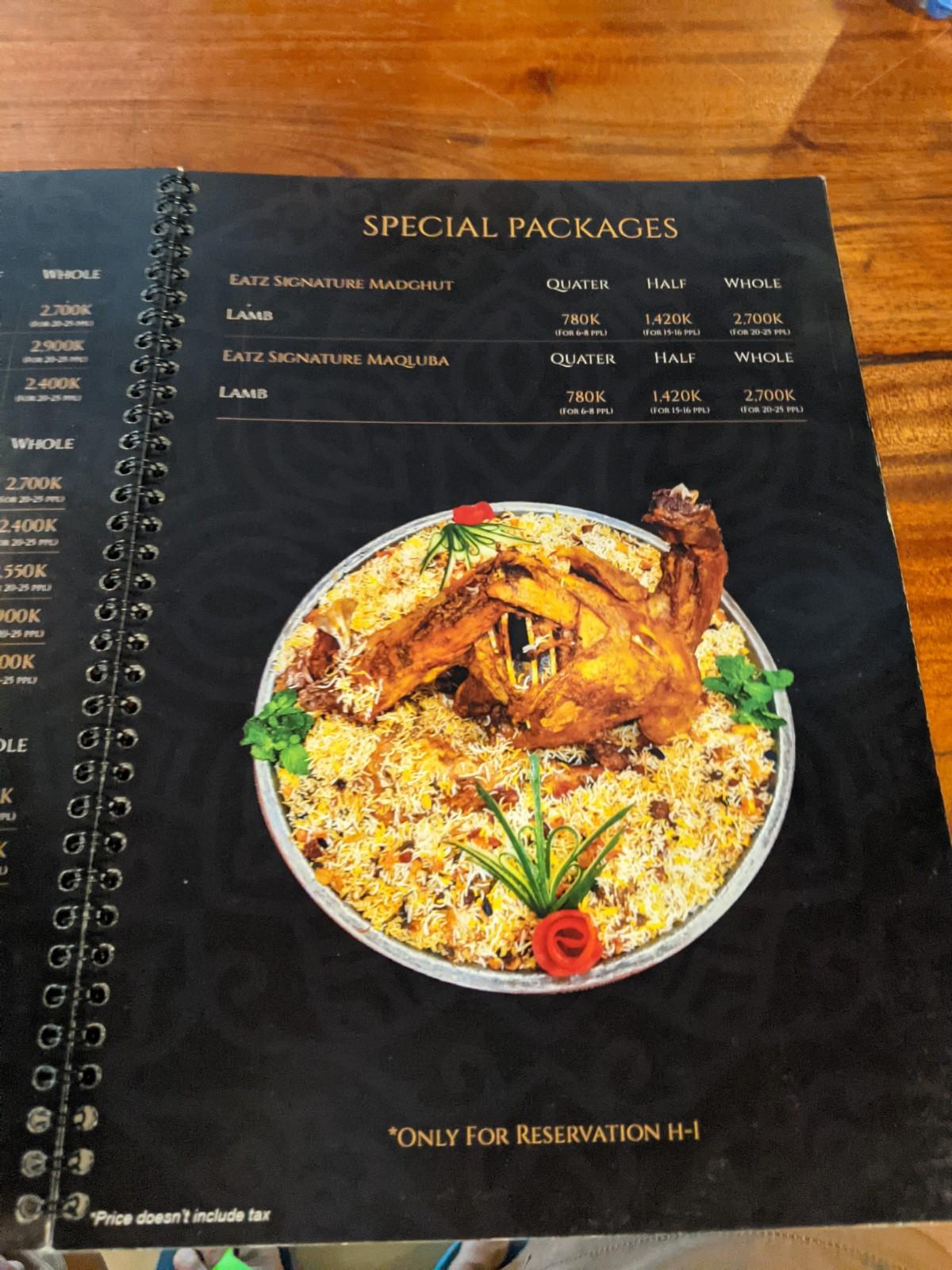 Menu at Eatz Signature restaurant, Jakarta