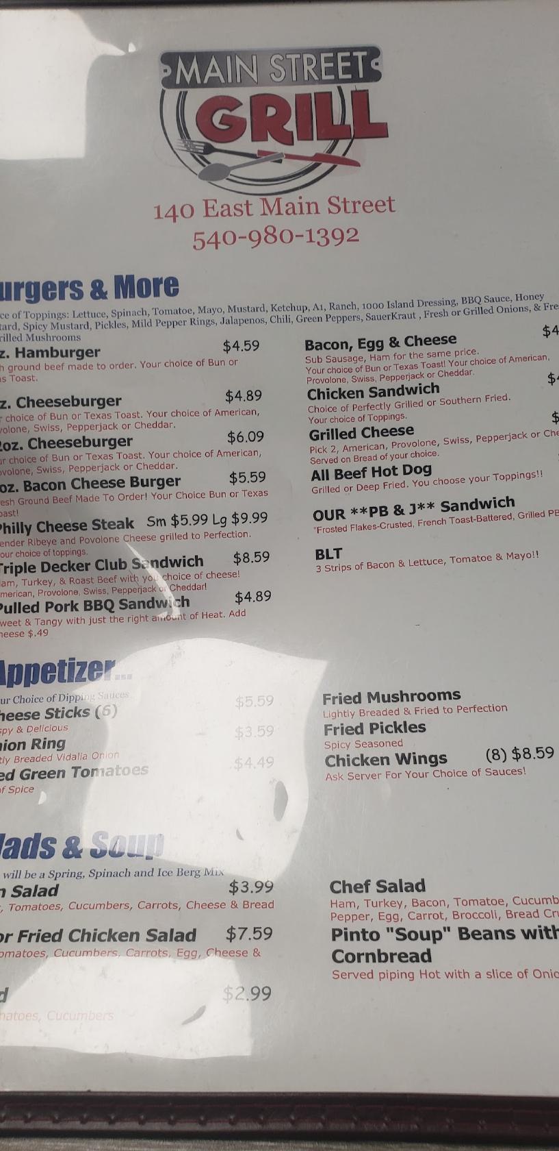 Menu at Main Street Grill restaurant, Pulaski