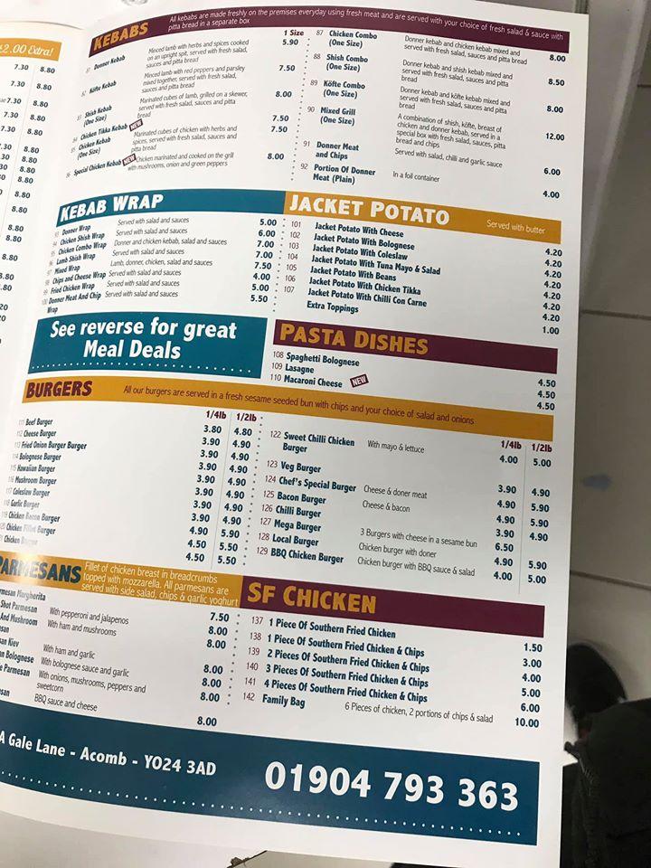 Menu at Pizza Pan pizzeria, York