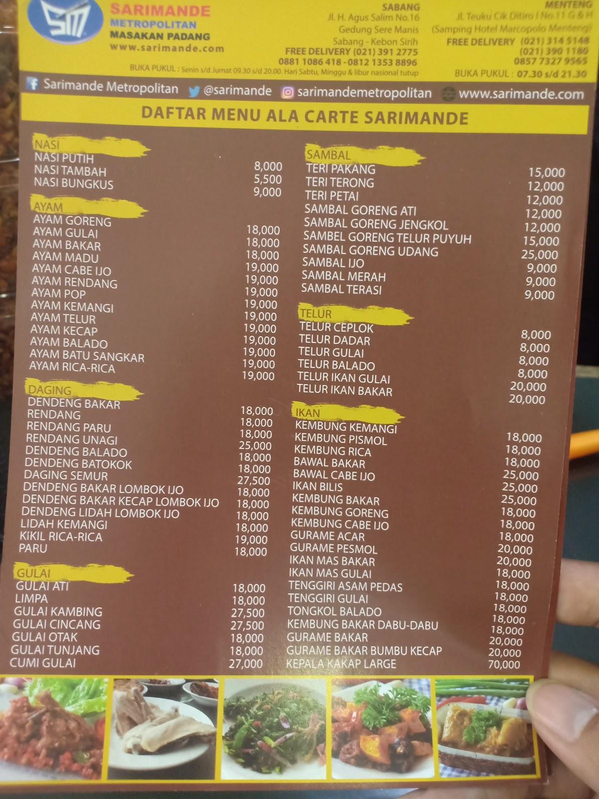 Menu at Sarimande Metropolitan restaurant, Jakarta, Jl. Teuku Cik ...