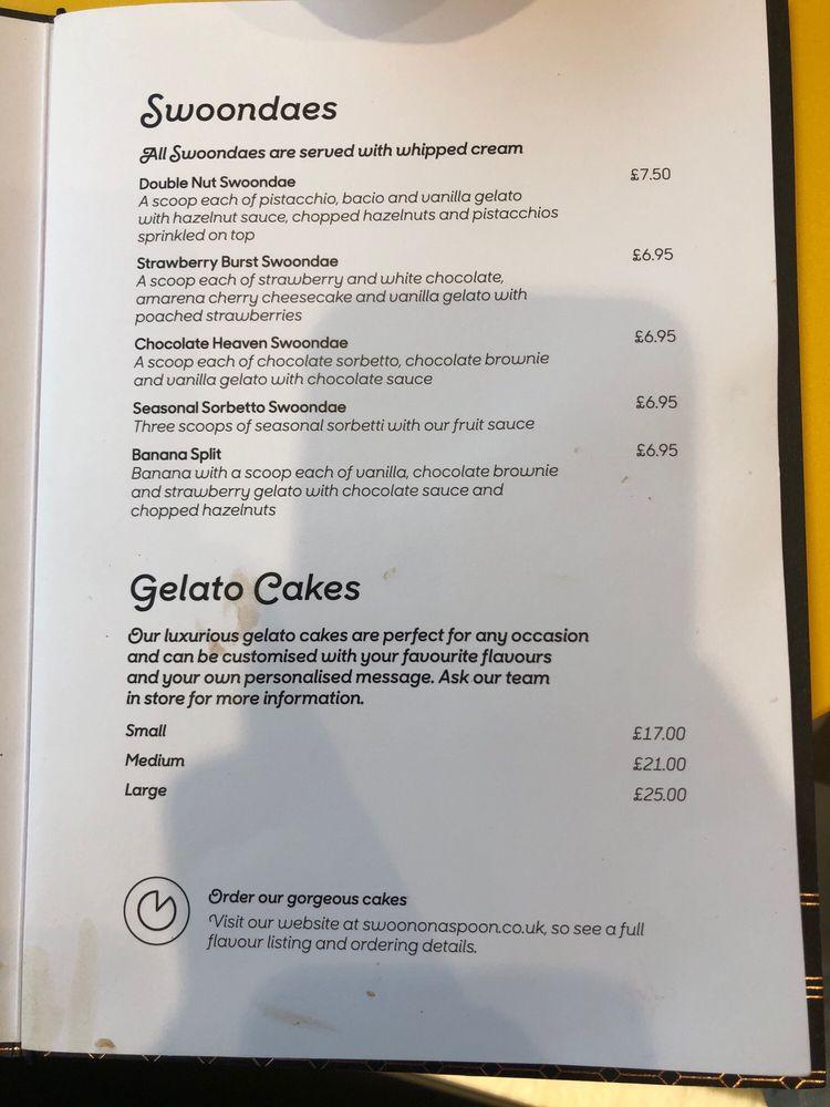 Menu at Swoon Gelato desserts, Oxford