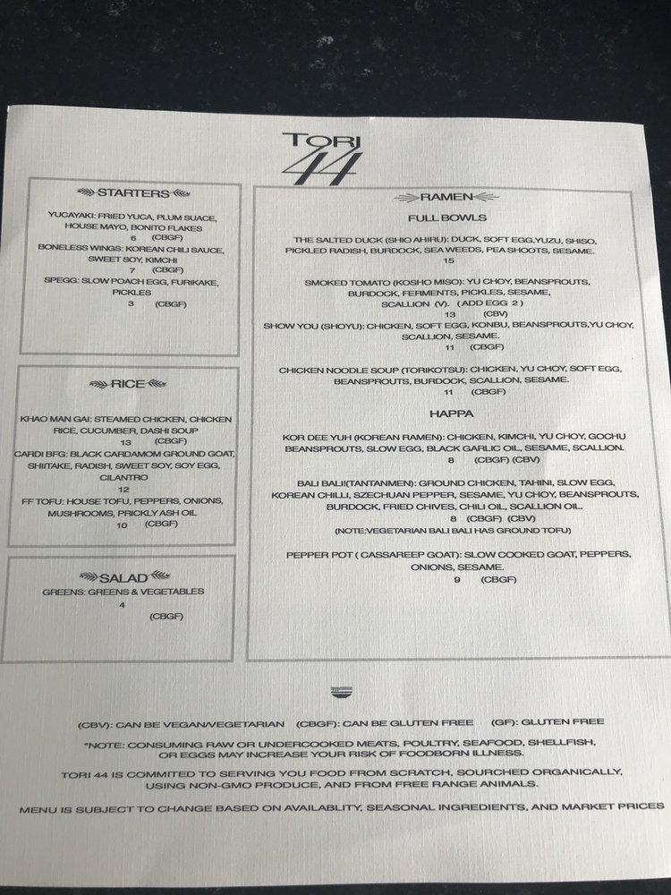 Menu at Tori 44 - Ramen restaurant, Minneapolis, N 44th Ave