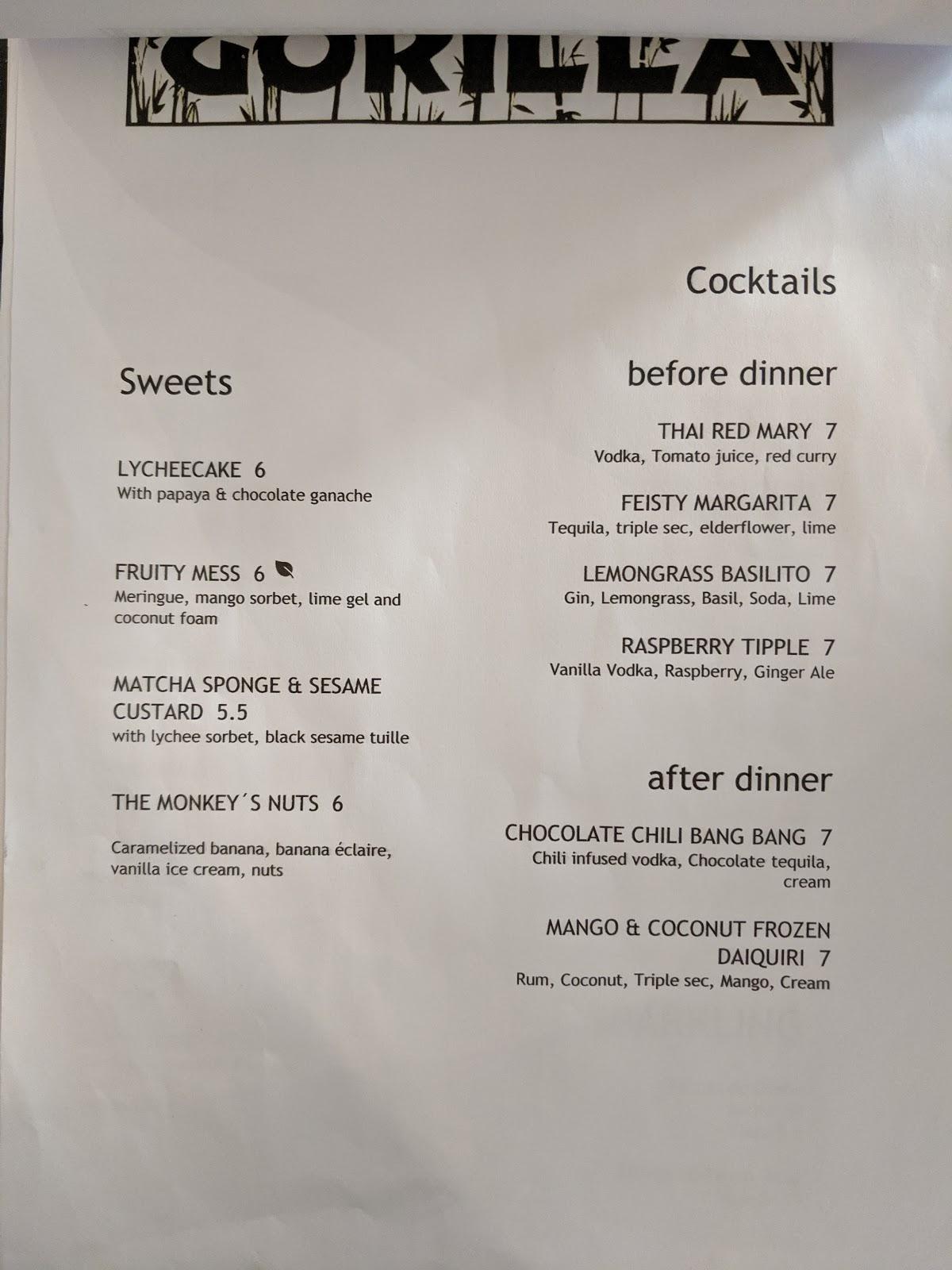 Menu at Gorilla restaurant, Lagos