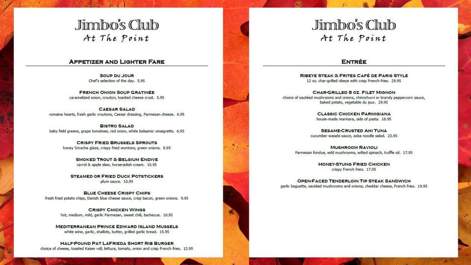 Menu at Jimbo's Club at the Point, Brant Lake
