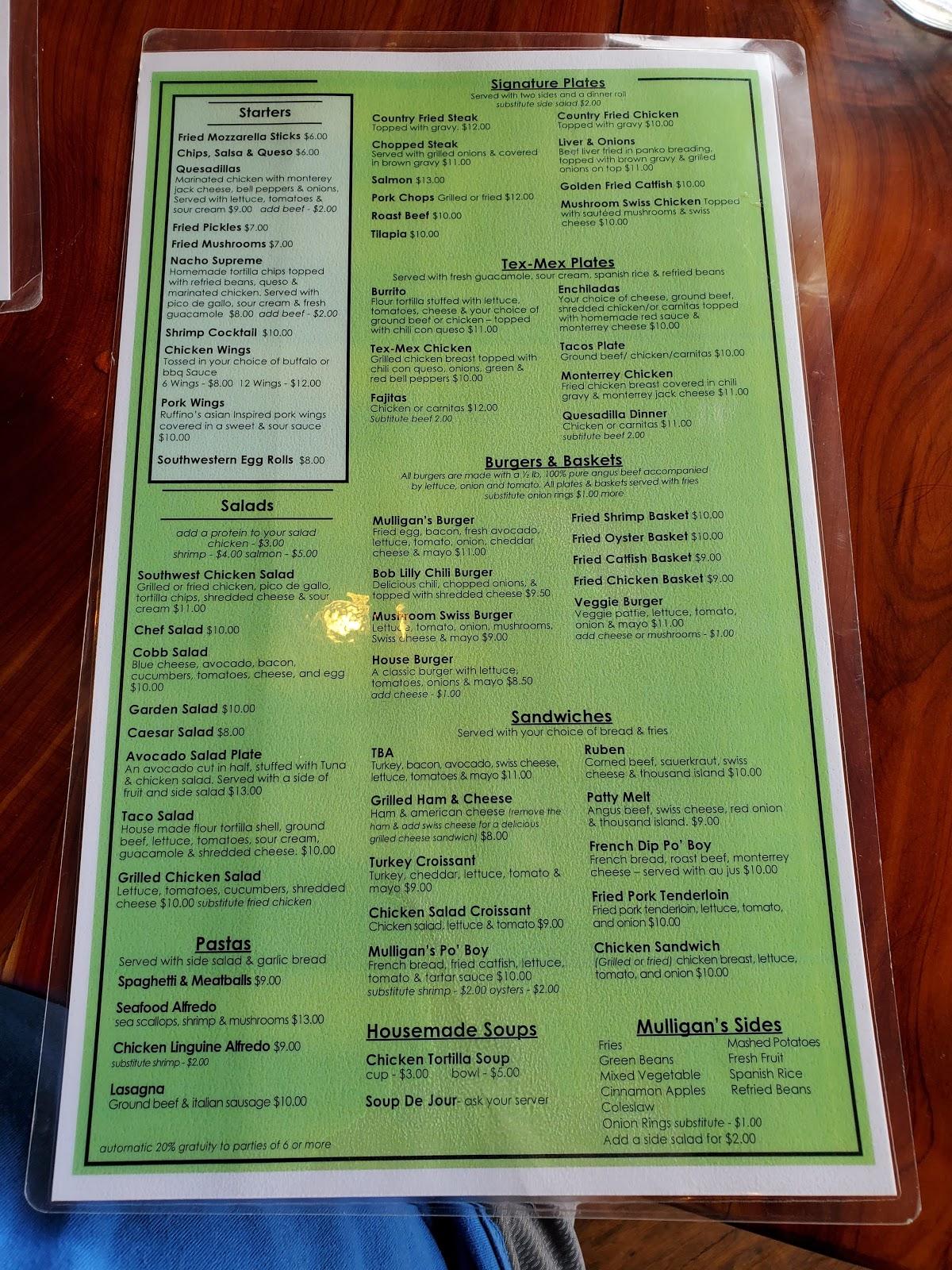 Menu at Mulligan’s restaurant, Georgetown
