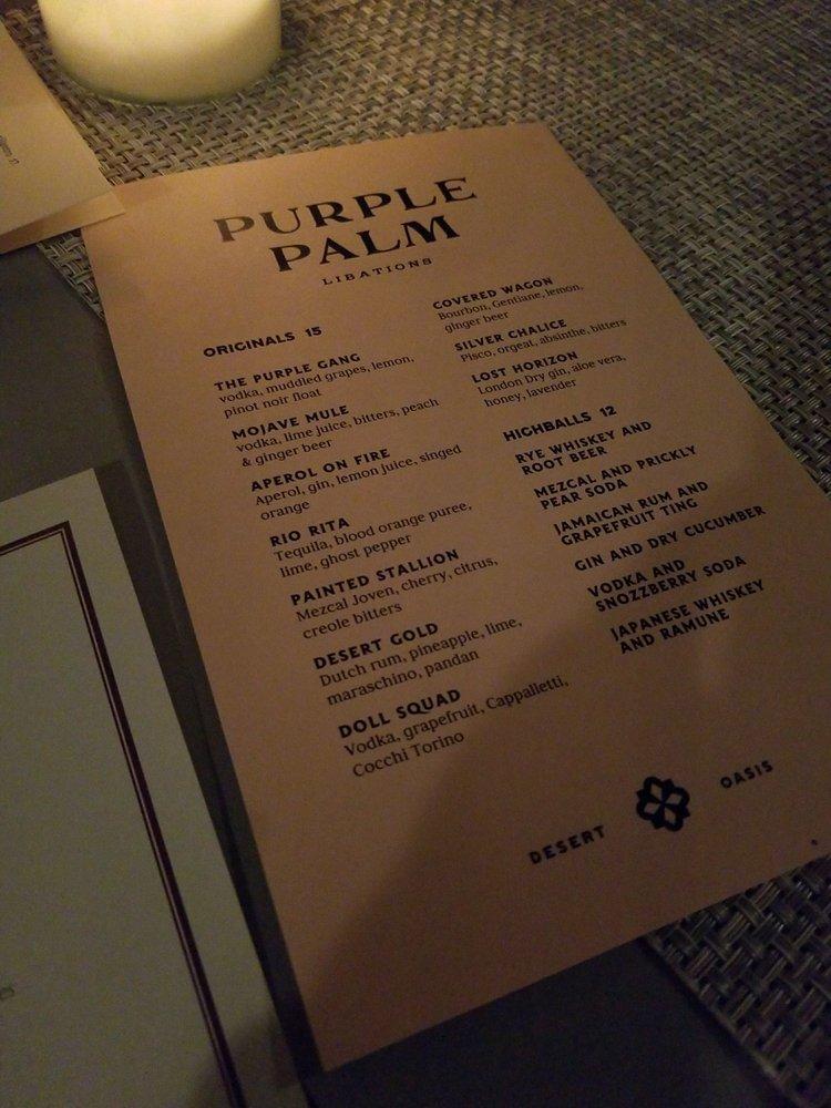 Menu at Purple Palm restaurant, Palm Springs, 572 N Indian Canyon Dr