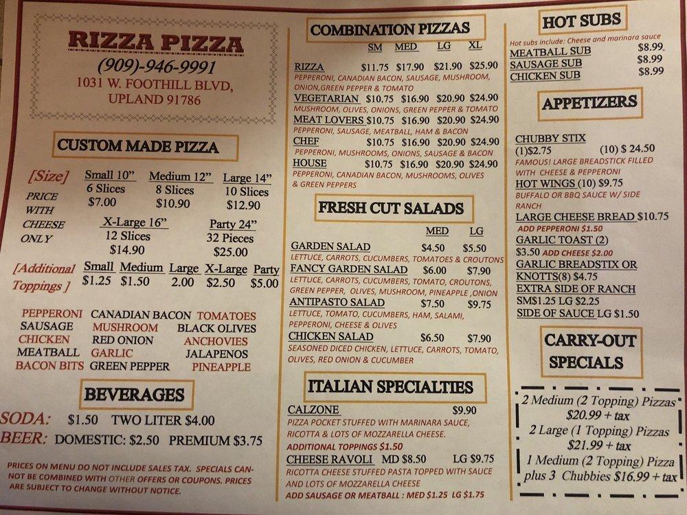 Menu at RIZZA PIZZA pizzeria, Upland