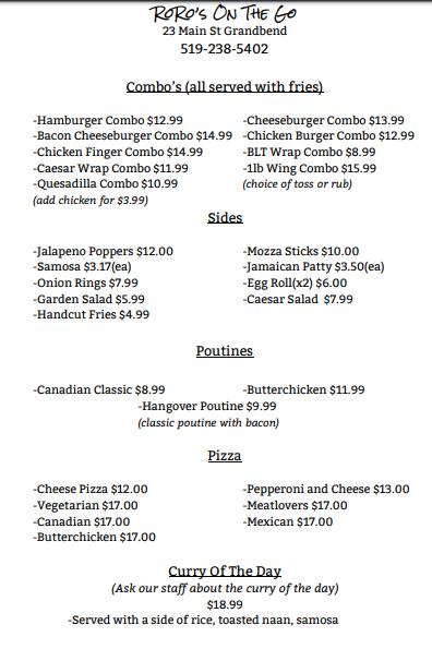 Menu at Ro's Fire Fusion Bar & Grill, Lambton Shores