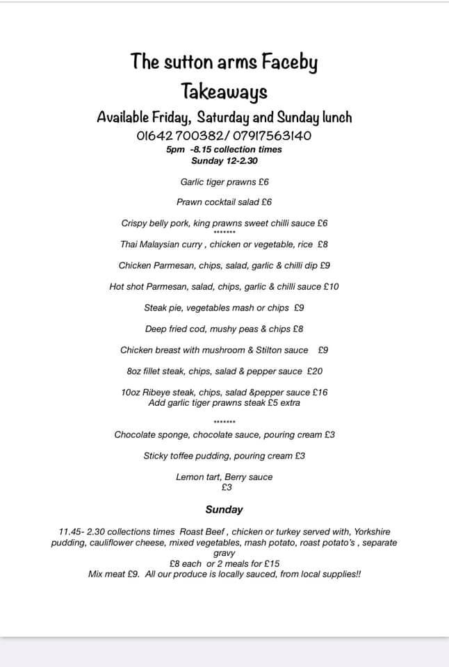 Menu at The Sutton Arms Faceby restaurant, Faceby, Mill Lane