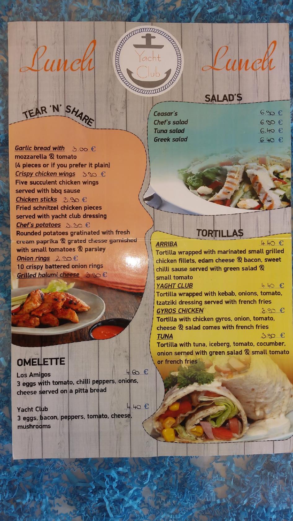 Menu at Yacht club Roda Corfu, Roda