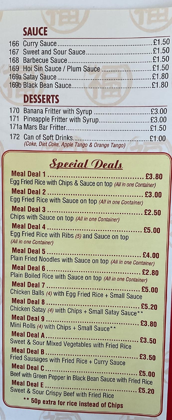 Menu at Beijing Paradise fast food, Devizes