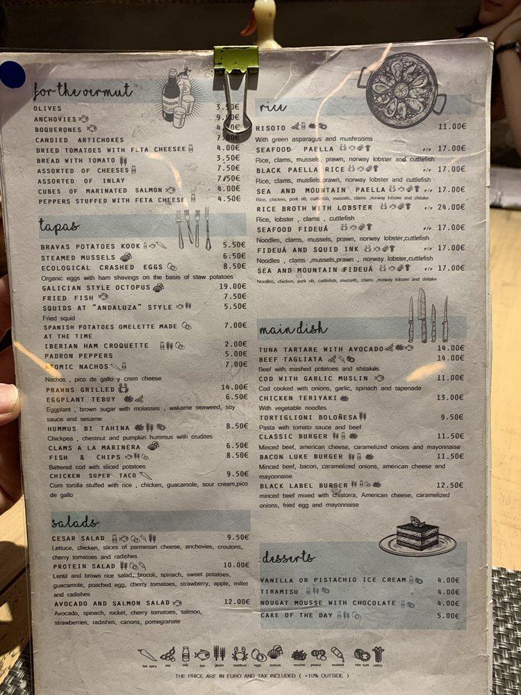 Carta del restaurante Kook, Barcelona