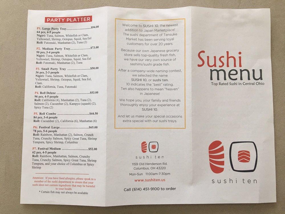Menu at Sushi Ten restaurant, Columbus