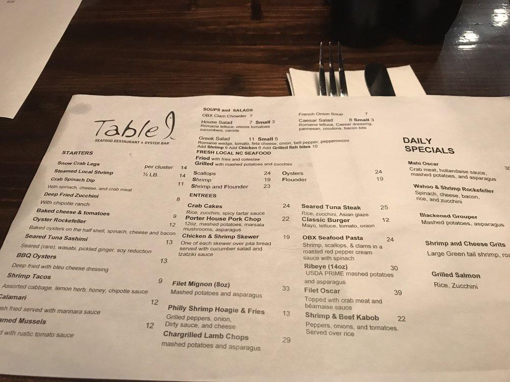 Menu at Table 9 Seafood Restaurant, Atlantic Beach