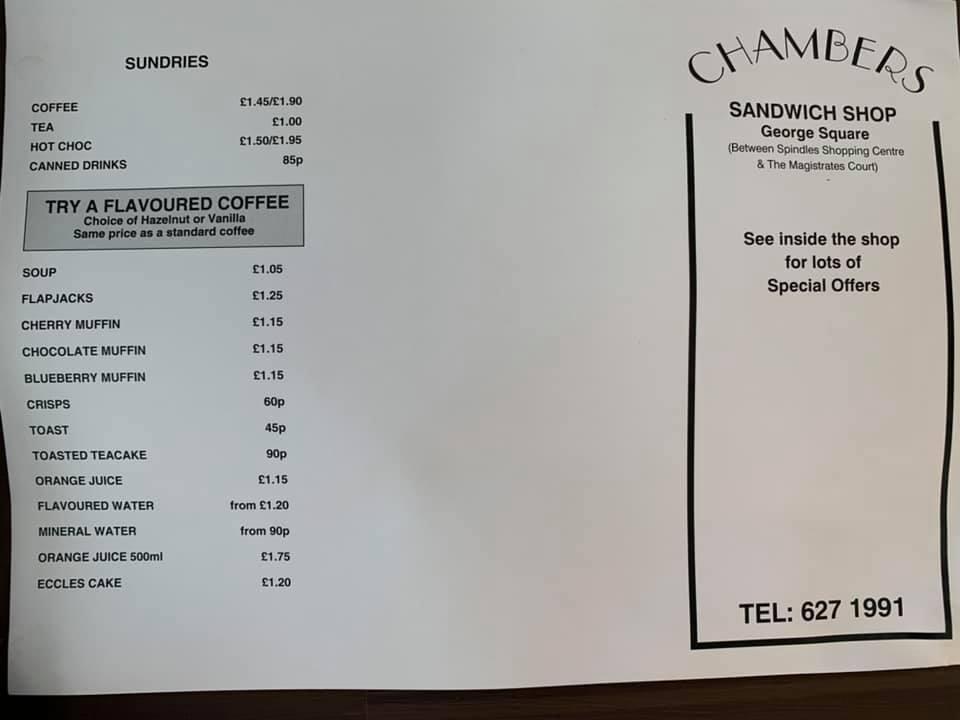 Menu at The Chambers Cafe, Oldham, 14