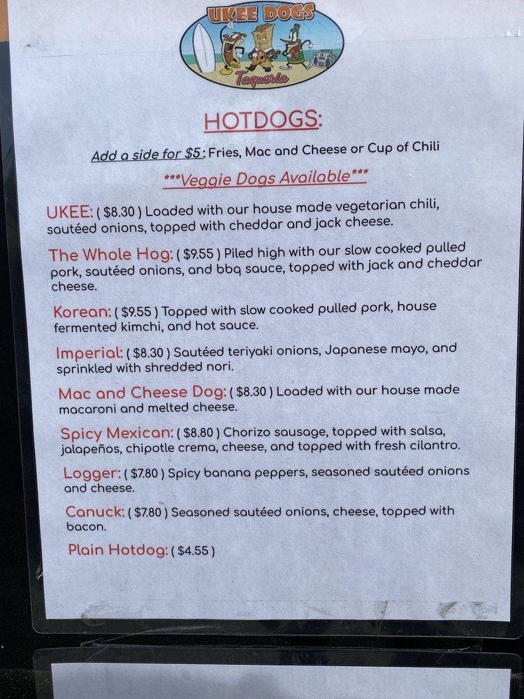 Menu at Ukee Dogs Taqueria restaurant, Ucluelet