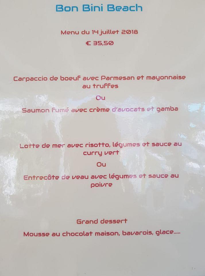 Menu at Bon Bini Beach restaurant, Cavalaire-sur-Mer