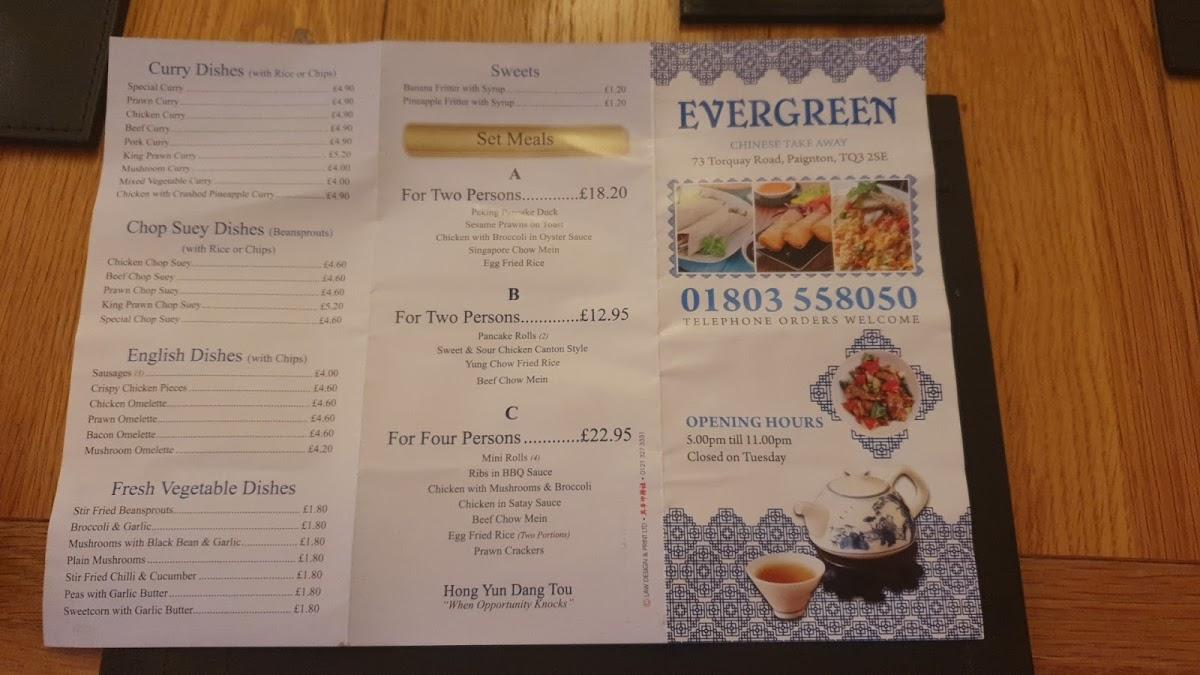 Menu at Evergreen Chinese Takeaway fast food, Paignton
