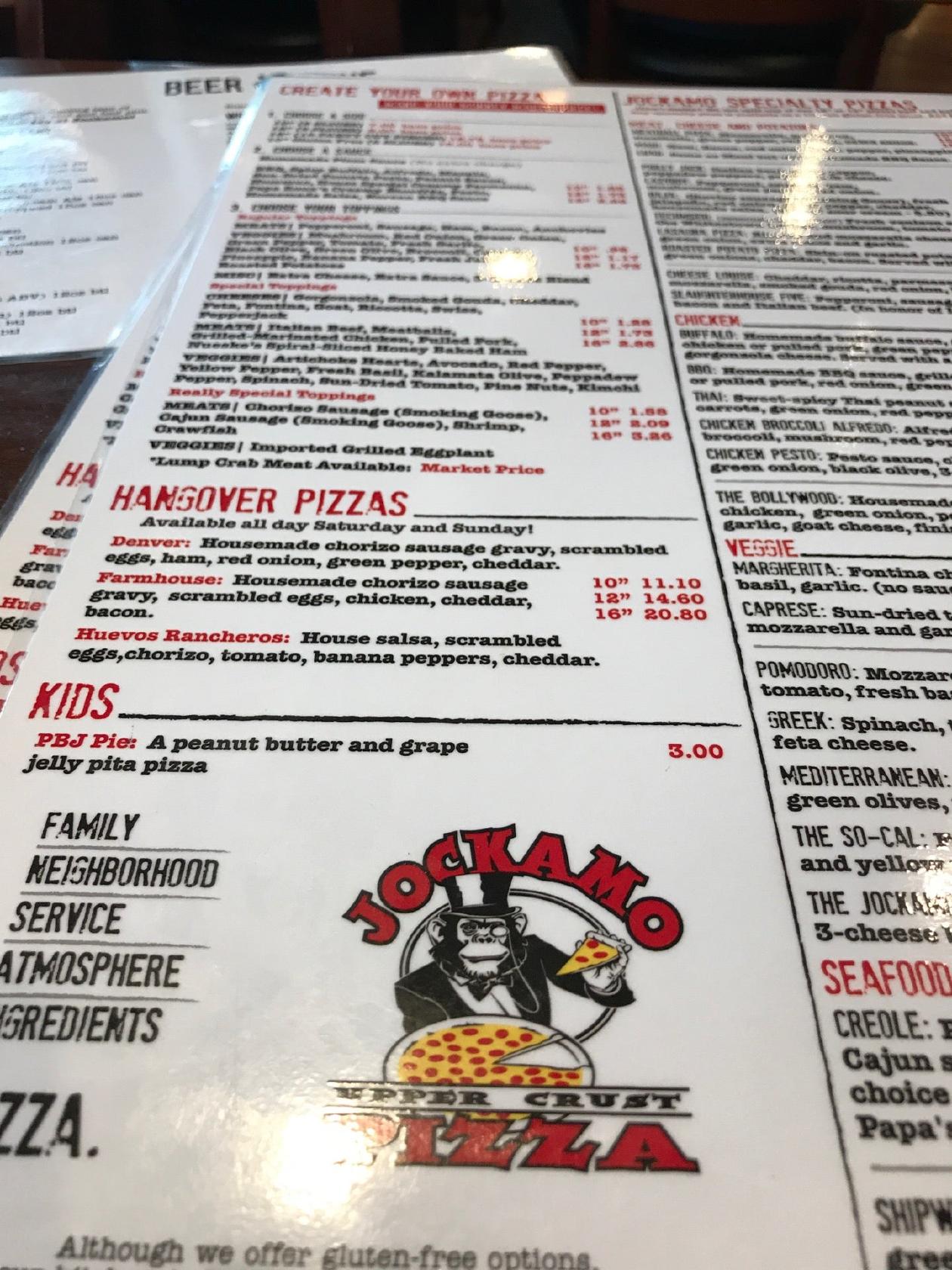 Menu at Jockamo Upper Crust Pizza pub & bar, Greenwood, 401 Market Plaza