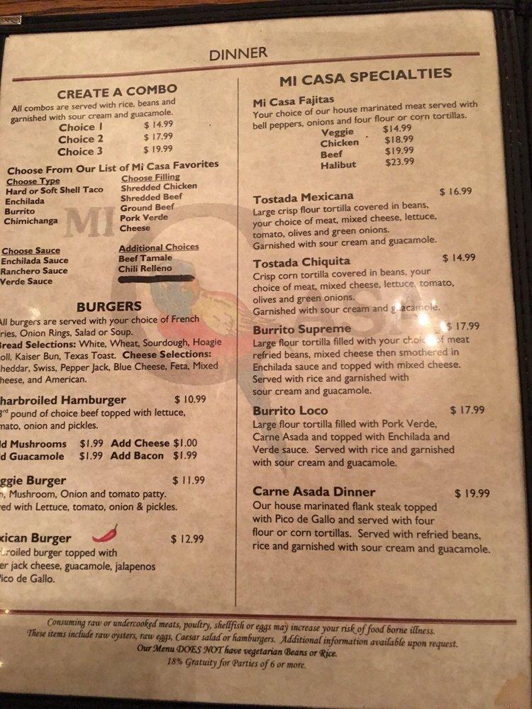 Menu at Mi Casa restaurant, Juneau
