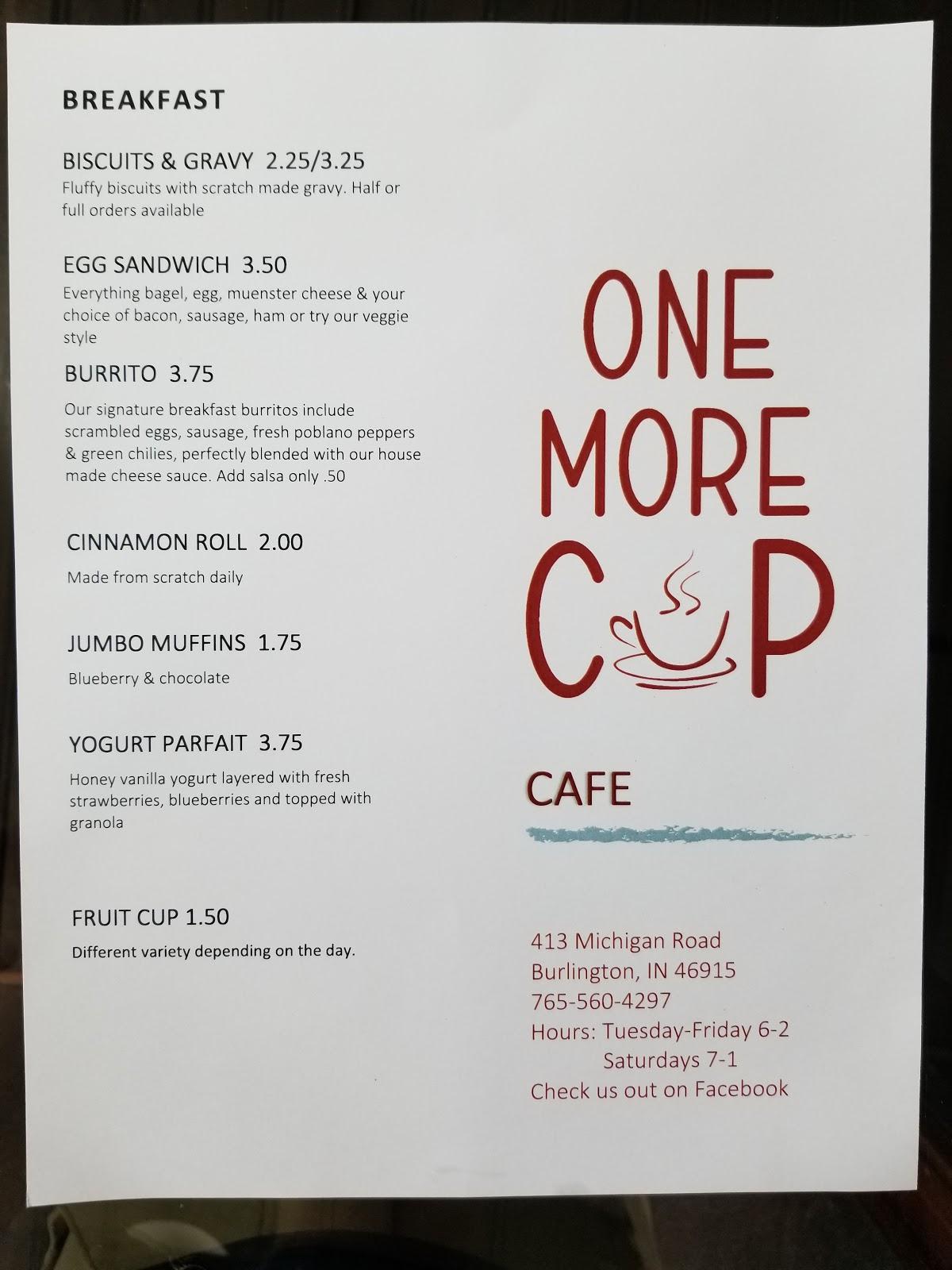 Menu at One More Cup cafe, Burlington