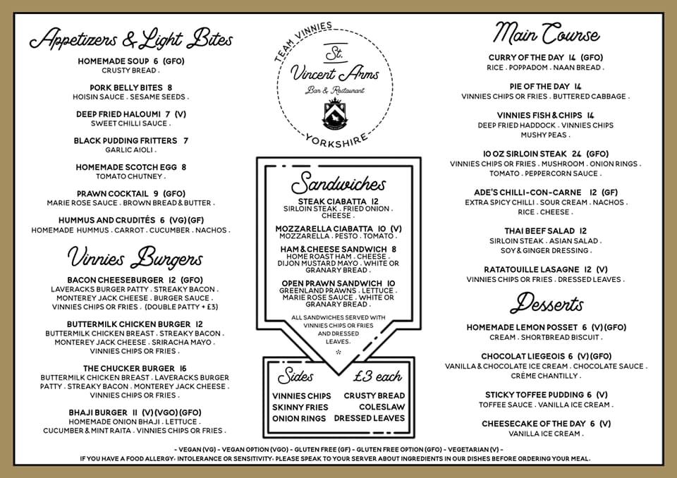 Menu at St Vincent Arms pub & bar, Elvington, Sutton Upon Derwent Main ...