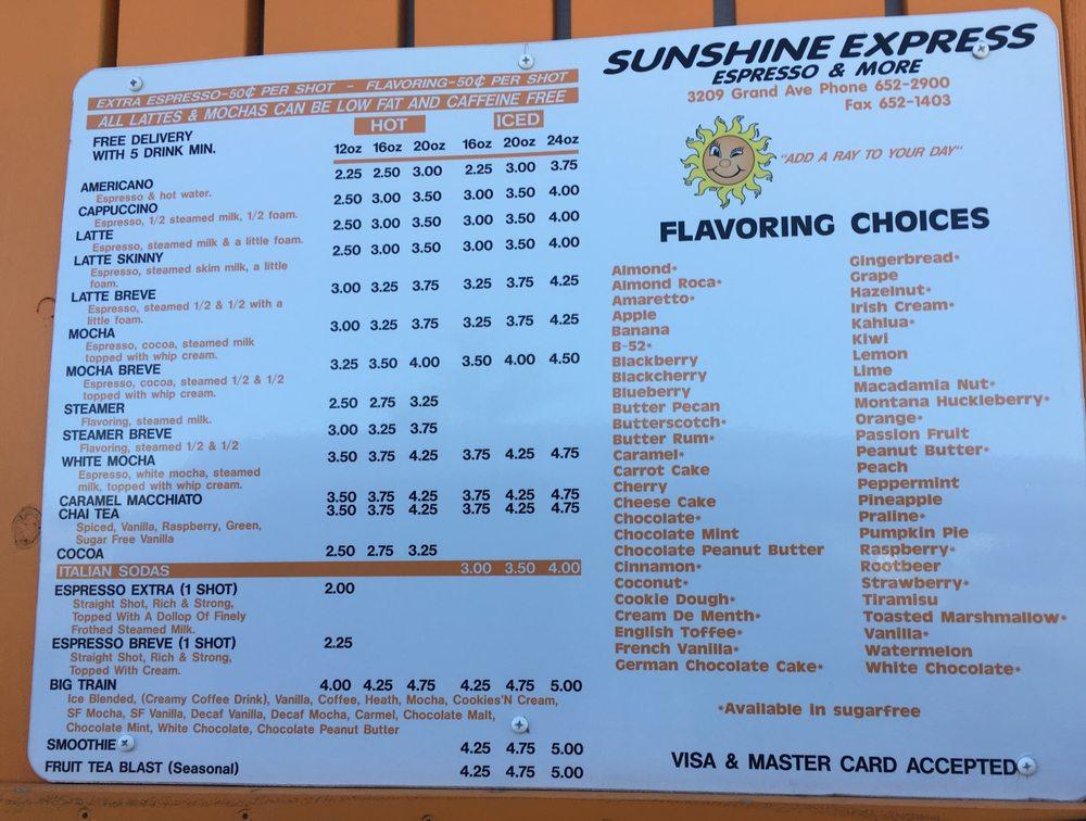 Menu at Sunshine Express restaurant, Billings, Zimmerman Trail