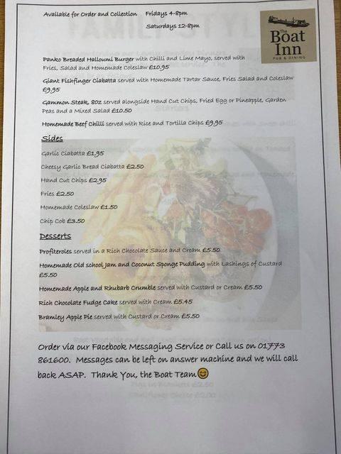 Menu at The Boat Inn restaurant, Sutton-in-Ashfield