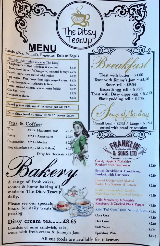 Menu at The Ditsy Teacup coffee house, Elgin