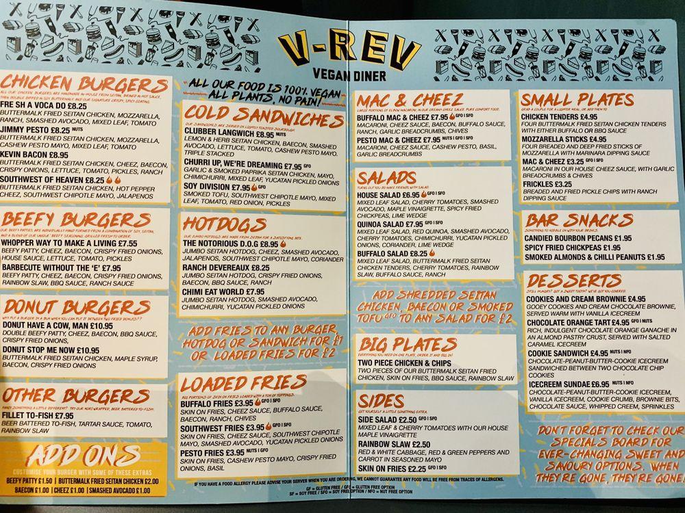 Menu at V Rev Vegan Diner restaurant, Manchester