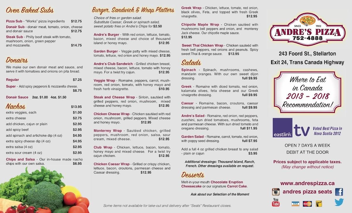 Menu at Andre's Pizza pizzeria, Stellarton