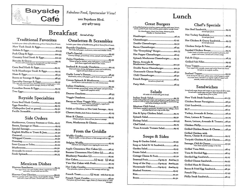 Menu at Bayside Cafe, San Francisco, Bayshore Blvd