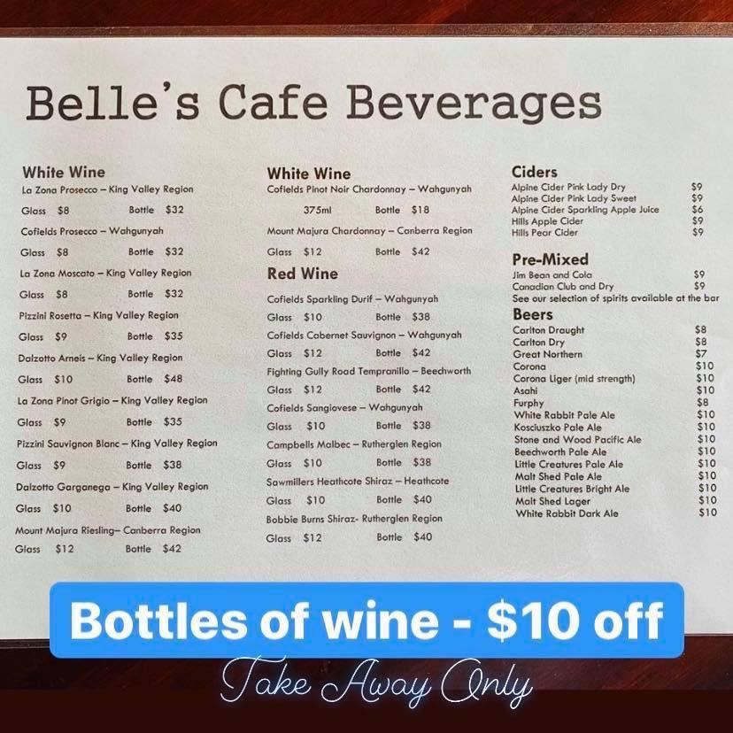Menu at Belle's Cafe, Yarrawonga