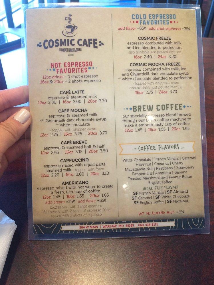 Menu at Cosmic Cafe, Warsaw, 504 Main St
