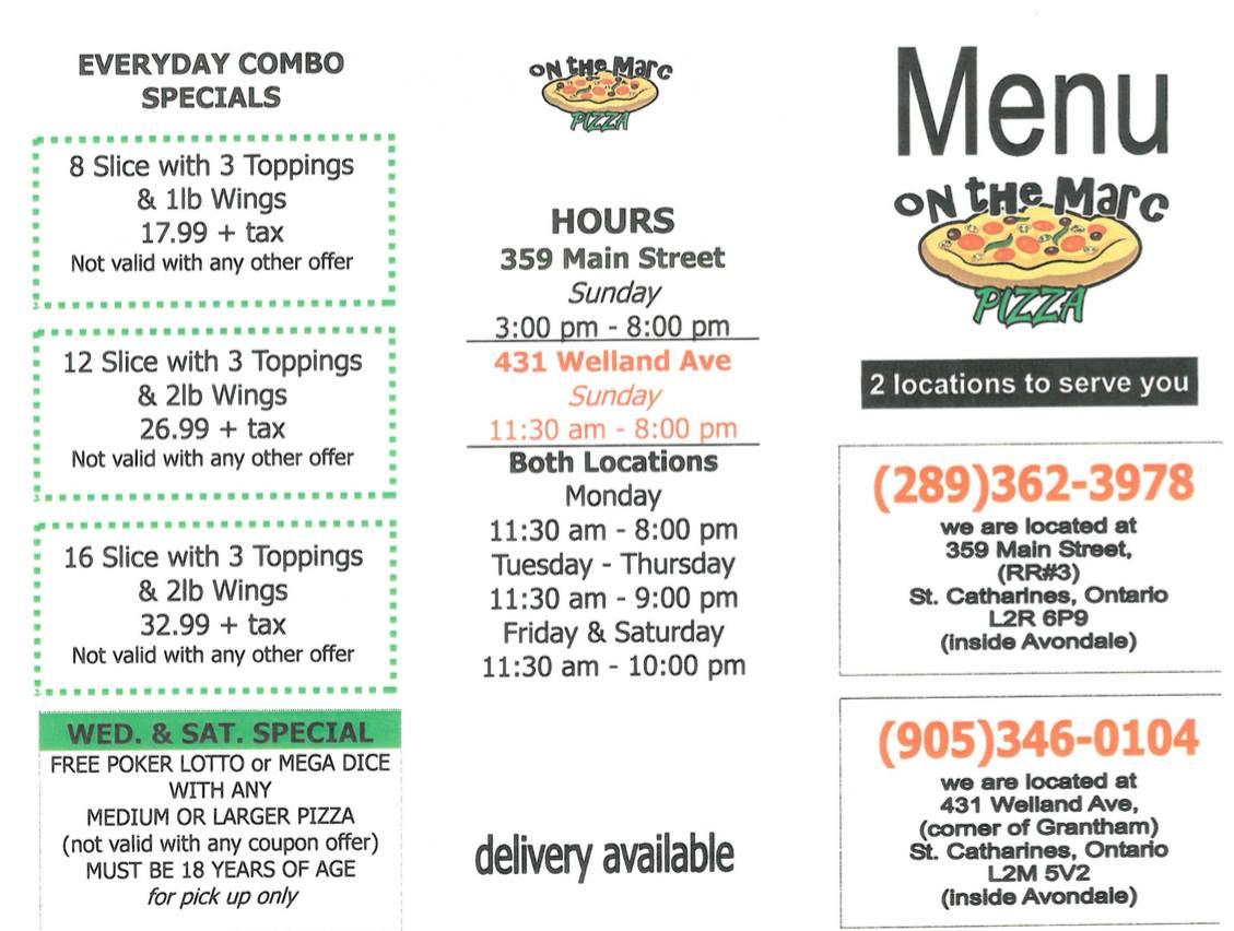 Menu au On The Marc Pizza pizzeria, Saint Catharines, 431 Welland Ave