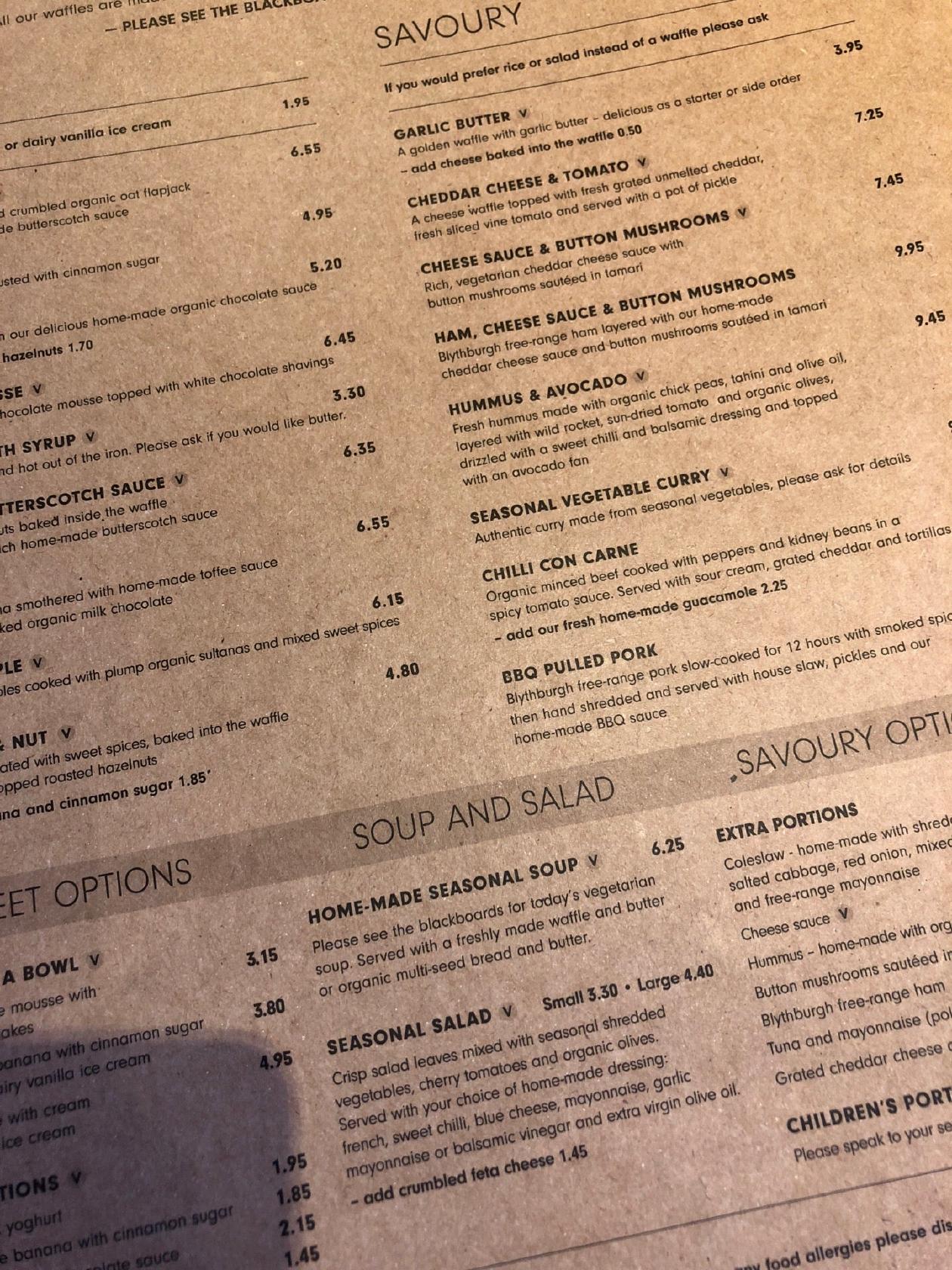 Menu at The Waffle House restaurant, St Albans
