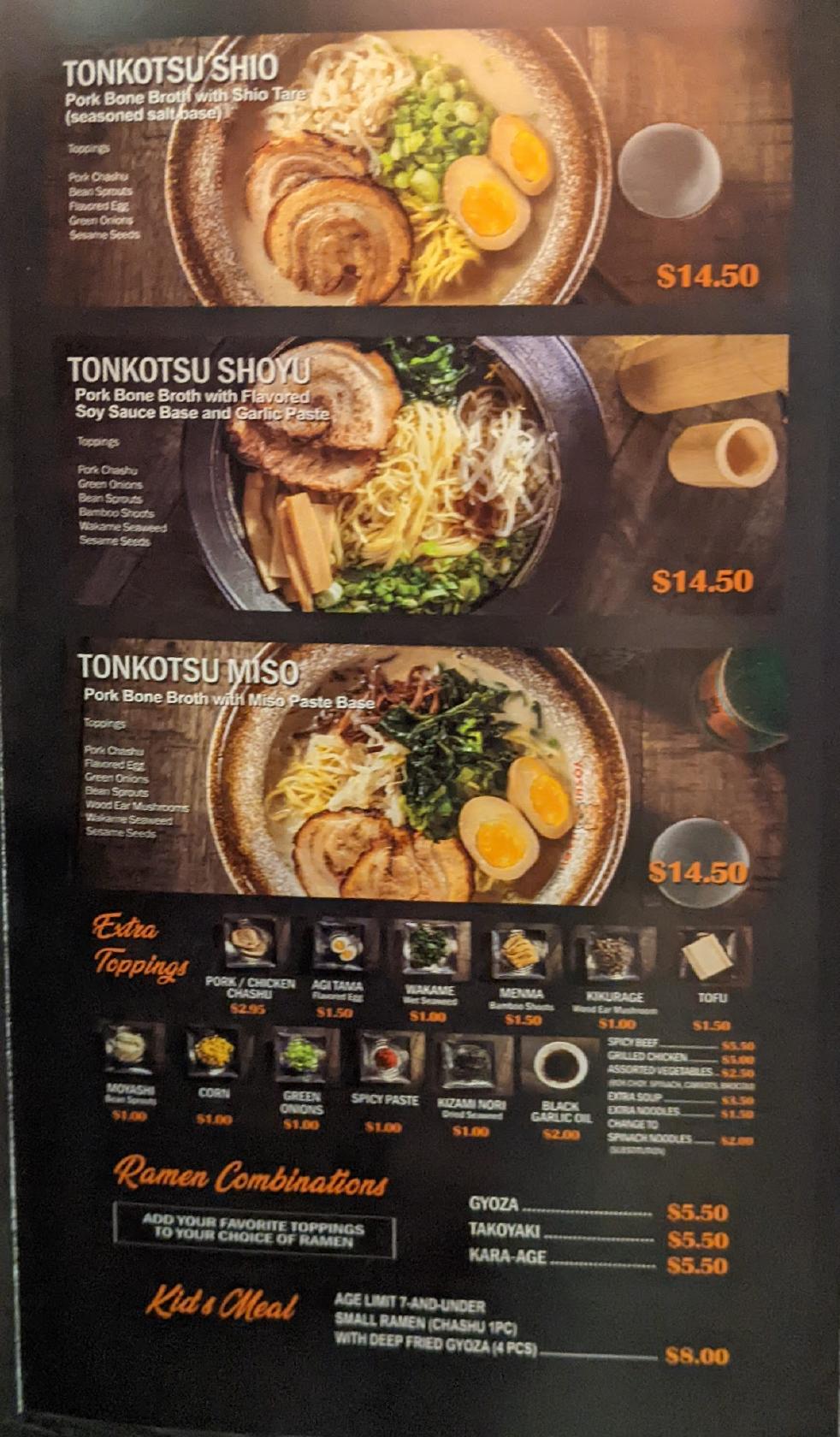 Menu at Yoshiharu Ramen restaurant, La Mirada