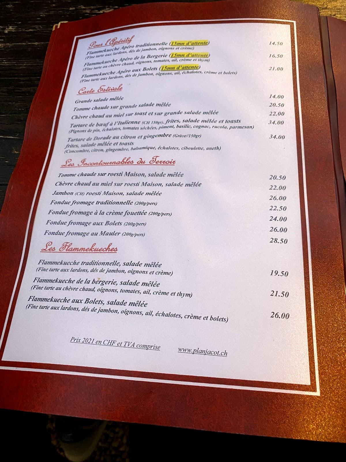 Menu au Auberge du Plan-Jacot, Bevaix
