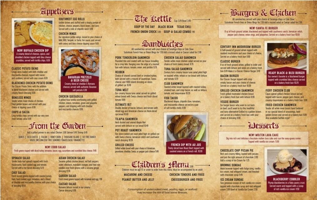 Menu at Century Inn Restaurant, Cincinnati, Springfield Pike