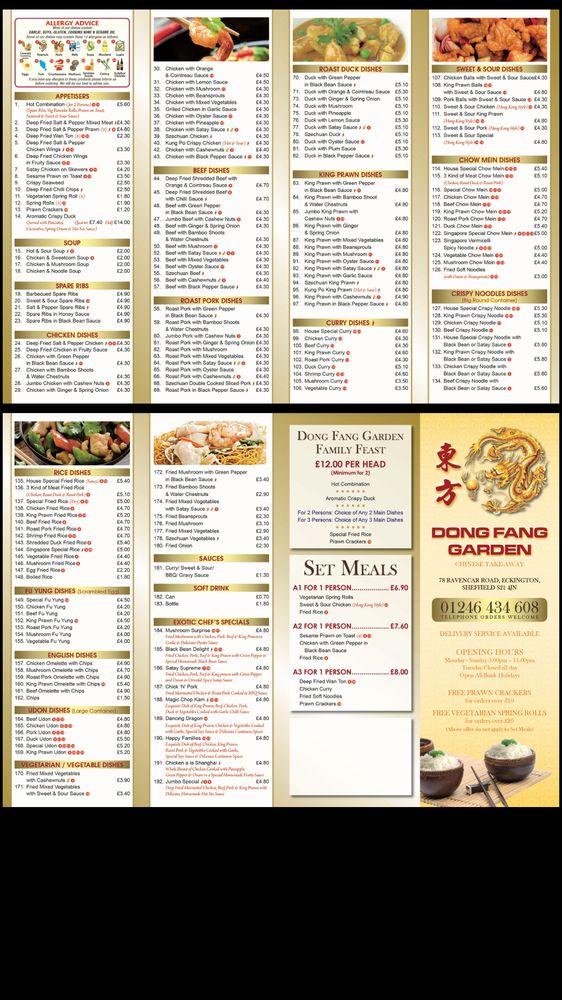 Menu at Dong fang garden restaurant, Sheffield, 78 Ravencar Road
